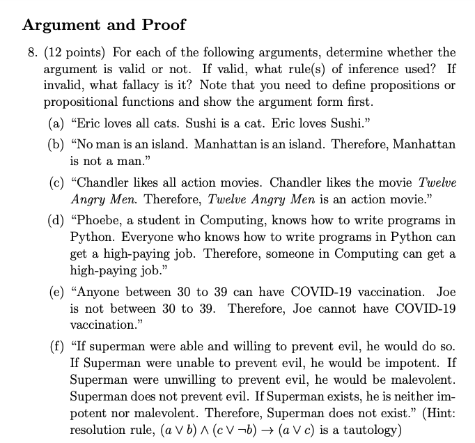 Solved Argument and Proof 8. (12 points) For each of the | Chegg.com