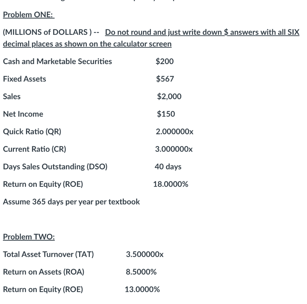 Solved Problem ONE: (MILLIONS of DOLLARS) -- Do not round | Chegg.com