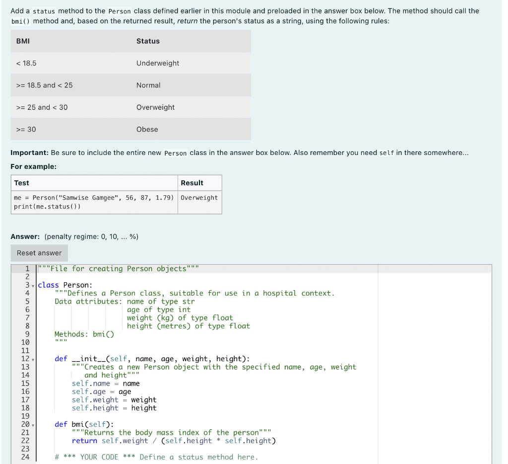 Solved Add A Status Method To The Person Class Defined