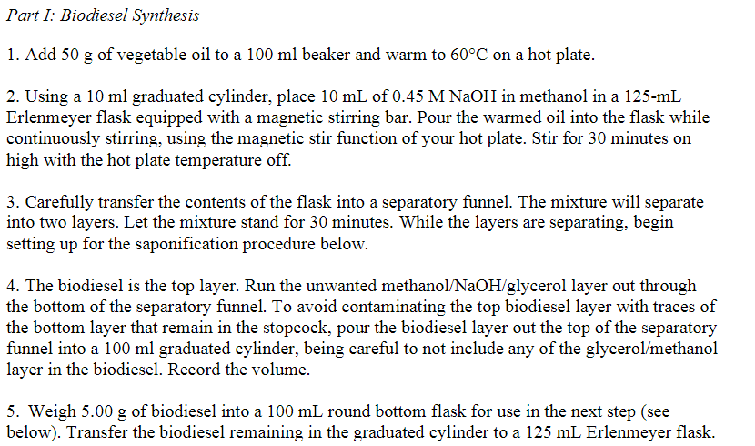 Solved This procedure for biodiesel synthesis would require | Chegg.com