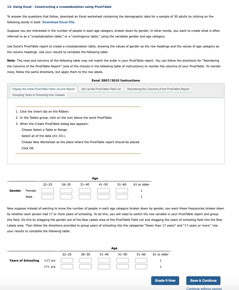 Solved Using Excel - ﻿Constructing a crosstabulation using | Chegg.com