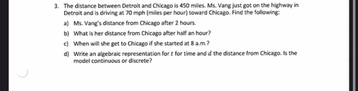 Solved 3. The distance between Detroit and Chicago is 450 | Chegg.com