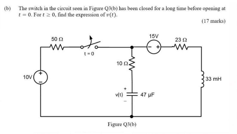 Solved (b) The switch in the circuit seen in Figure Q3(b) | Chegg.com