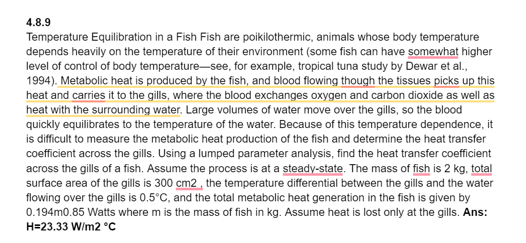 Solved 4.8 .9 Temperature Equilibration in a Fish Fish are | Chegg.com