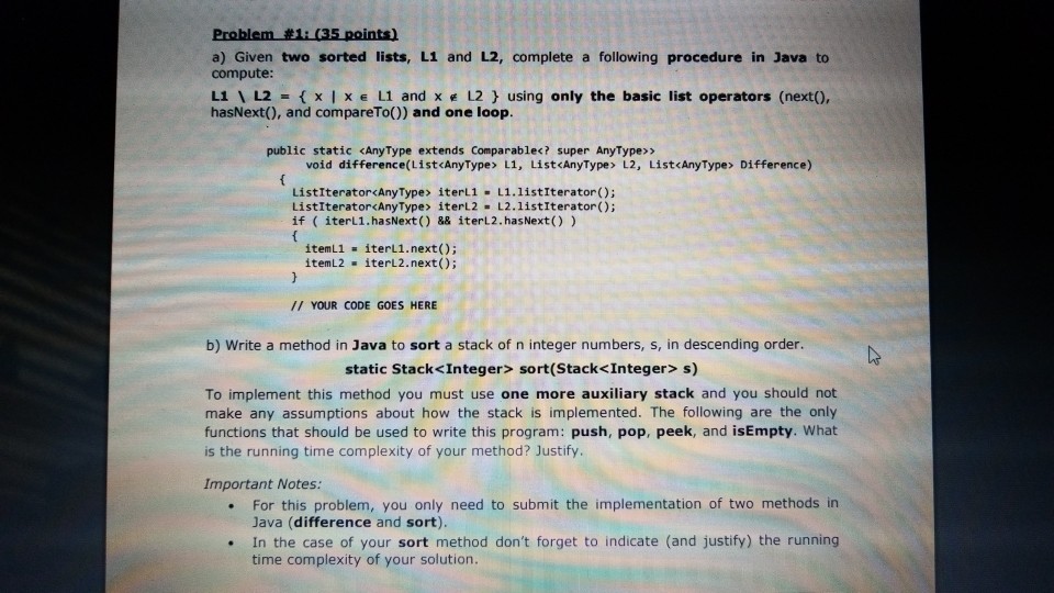 Solved Problem 1: (35 points) a) Given two sorted lists, L1 | Chegg.com