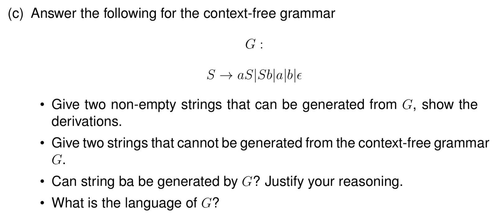 Solved (c) Answer the following for the context-free grammar | Chegg.com