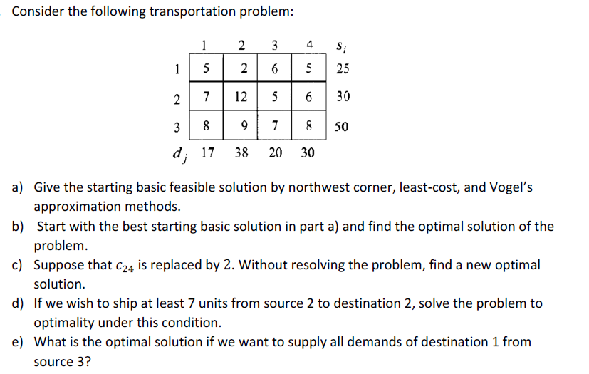 Solved Consider the following transportation problem: 3 4 4 | Chegg.com