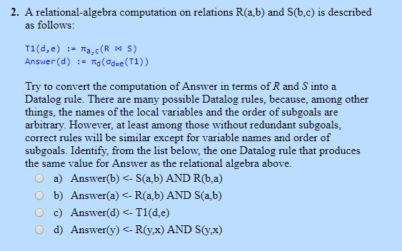 Solved 2. A relational-algebra computation on relations | Chegg.com