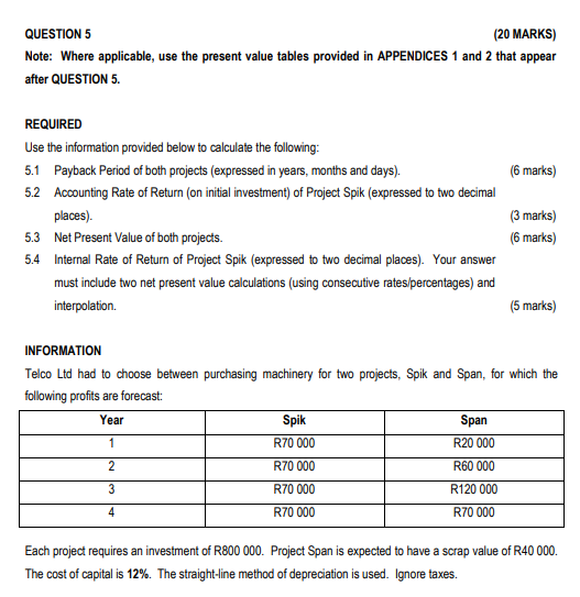 QUESTION 5 (20 MARKS) Note: Where applicable, use the | Chegg.com