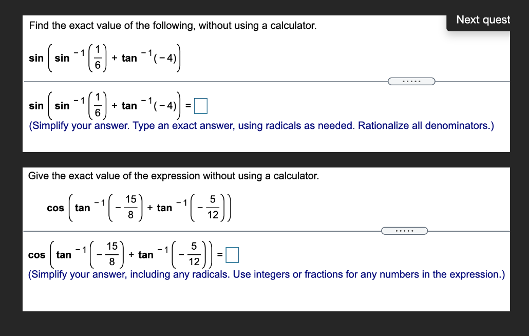 Solved Next quest Find the exact value of the following, | Chegg.com