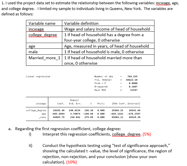Solved 1. I used the project data set to estimate the | Chegg.com