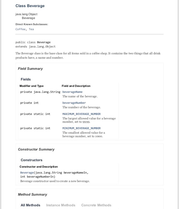 Solved Class Beverage java.lang.Object Beverage Direct Known | Chegg.com