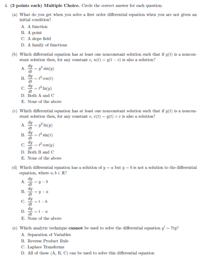 Solved 4. (3 points each) Multiple Choice. Circle the | Chegg.com