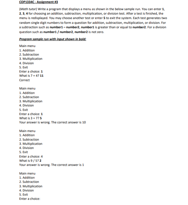 Solved COP1334C - Assignment #3 (Math tutor) Write a program | Chegg.com