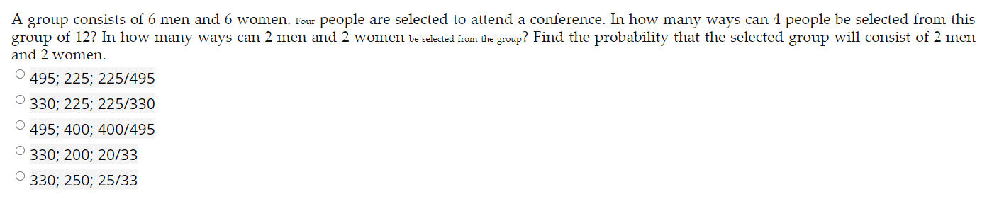 Solved A group consists of 6 men and 6 women. Four people | Chegg.com