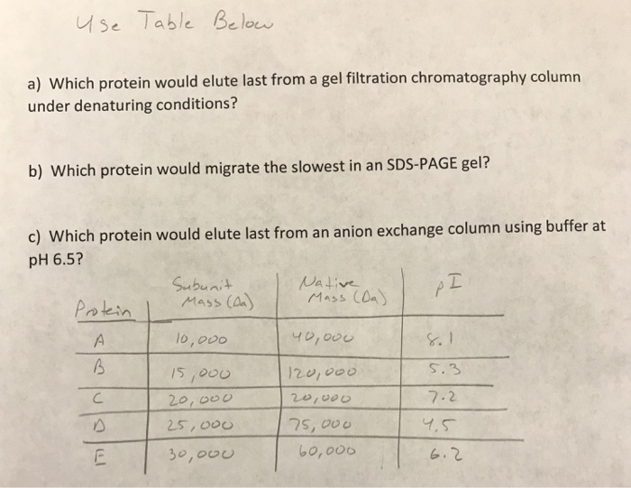 Solved se Table Below a) Which protein would elute last from | Chegg.com