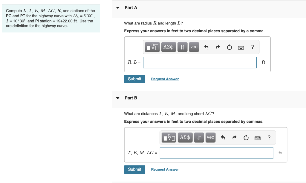 Solved − Part B What are distances T,E,M, and long chord LC | Chegg.com