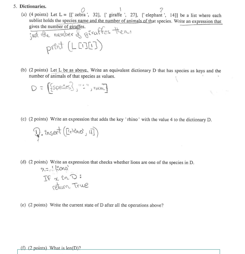 Solved 5. Dictionaries. (a) (4 points) Let L = [[' zebra ', | Chegg.com