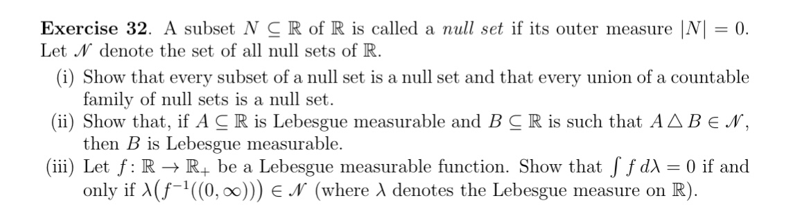 Solved Exercise 32. A subset N⊆R of R is called a null set | Chegg.com