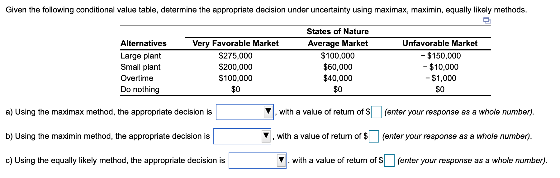 Solved Given the following conditional value table, | Chegg.com