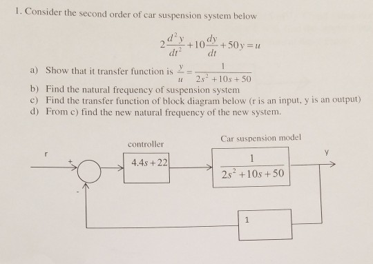 Solved 1. Consider the second order of car suspension system | Chegg.com