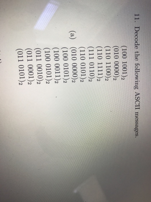 Solved 11. Decode the following ASCII messages. (100 1001) | Chegg.com Solved 11. Decode the following ASCII messages. (100 1001) | Chegg.com