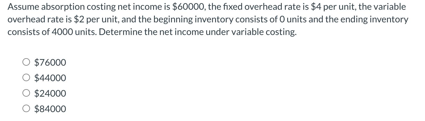 Solved Assume absorption costing net income is $60000, the | Chegg.com