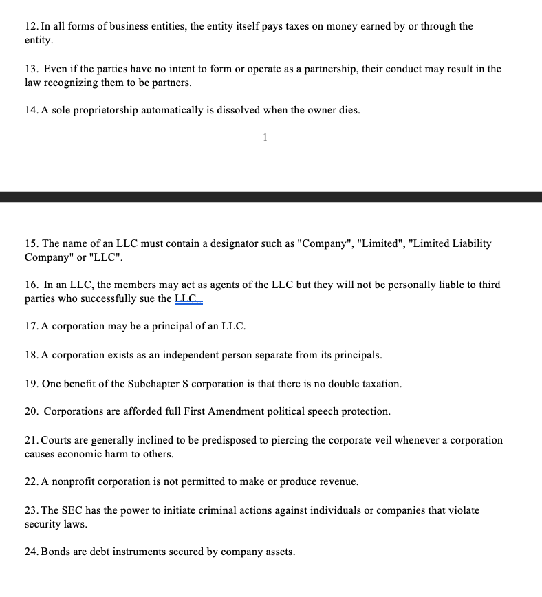 Solved 12. In all forms of business entities, the entity | Chegg.com