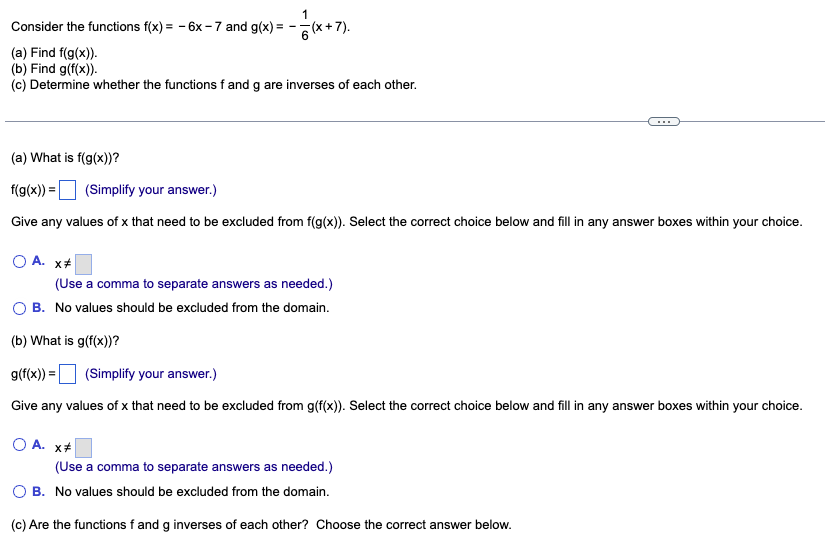 Solved 1 = Consider the functions f(x) = – 6x – 7 and g(x) = | Chegg.com