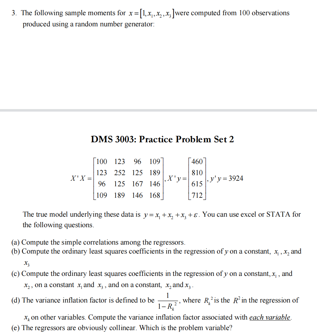 Solved = 1 3. The following sample moments for x = [1, | Chegg.com