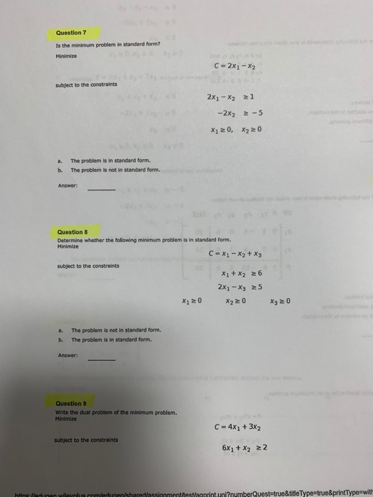 Solved Question 7 is the minimum problem in standard form? | Chegg.com