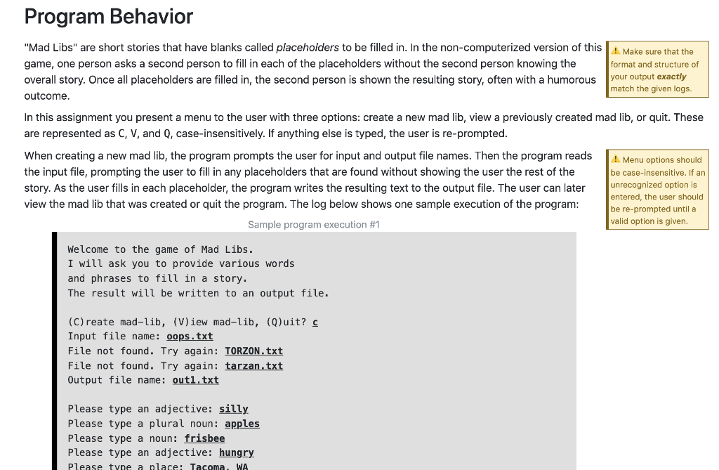 Solved Assessment 6: MadLibs Objectives This assignment will | Chegg.com