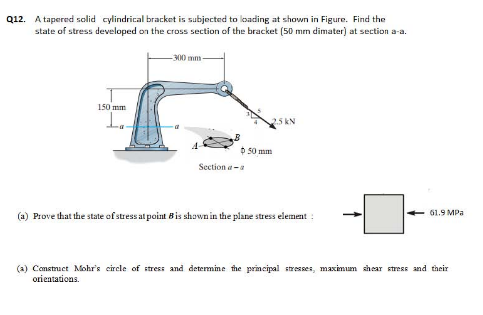 Solved Q12. A tapered solid cylindrical bracket is subjected | Chegg.com