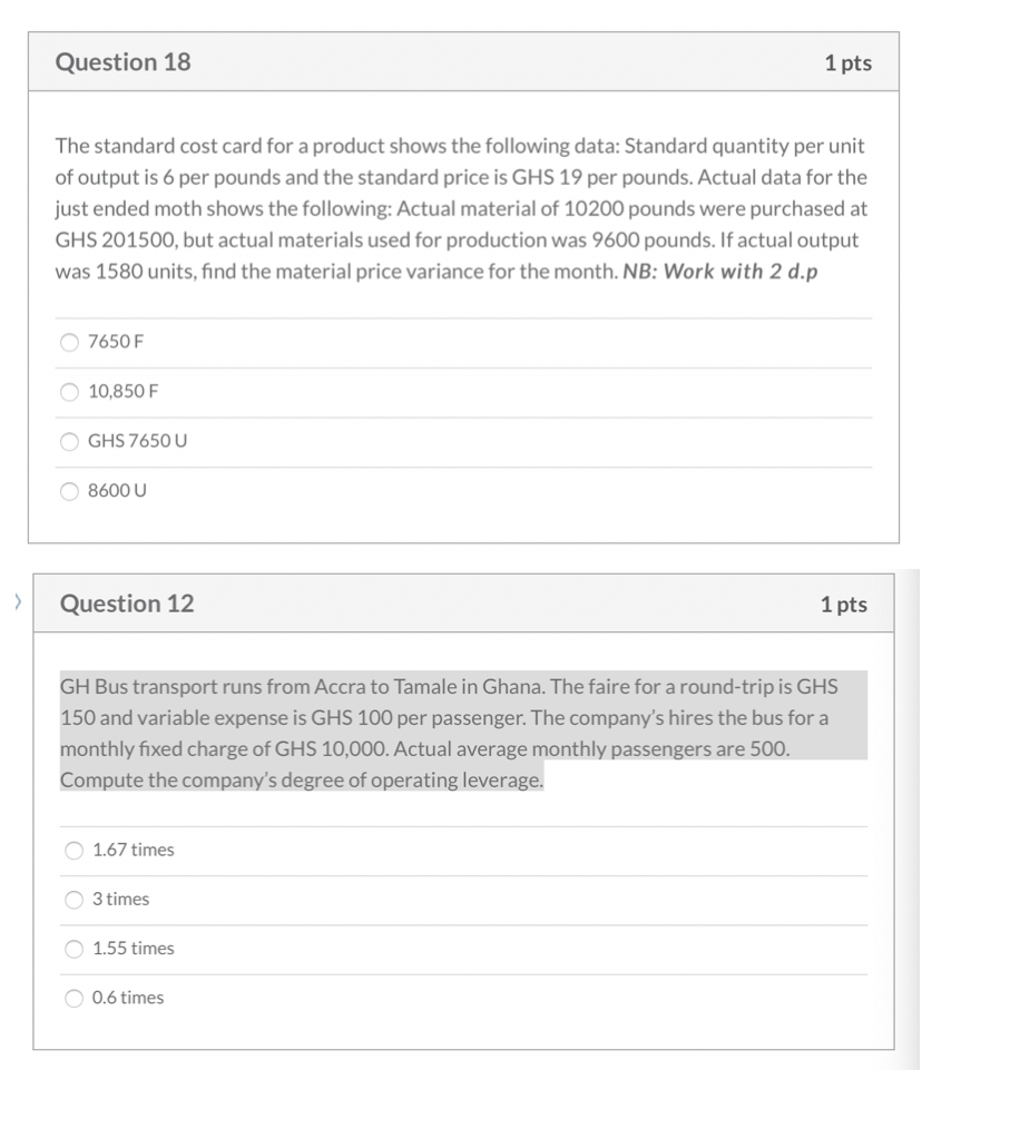 Solved Question 18 1 pts The standard cost card for a | Chegg.com