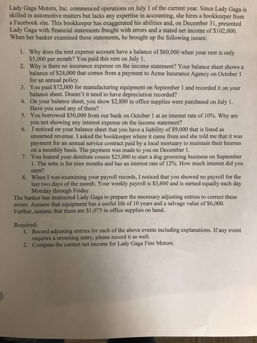 Solved Lady Gaga Motors, Inc. commenced operations on July 1 | Chegg.com
