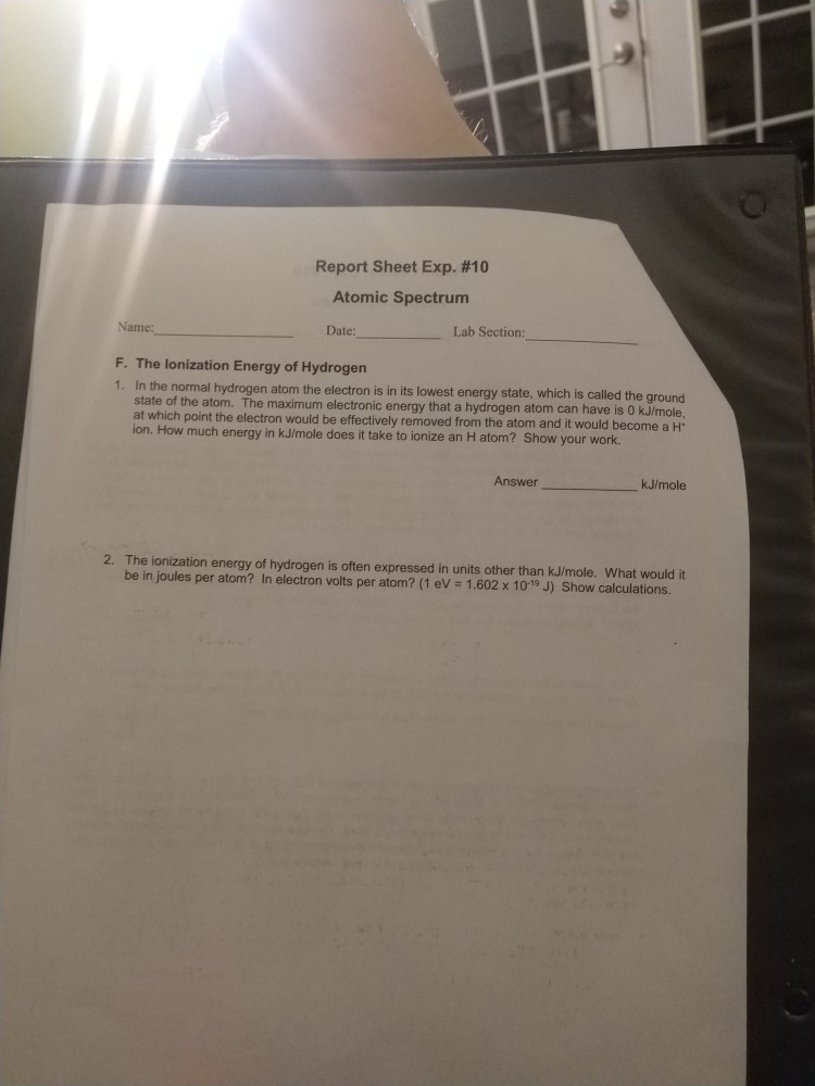 Solved Report Sheet Exp. #10 Atomic Spectrum Name: Date: Lab | Chegg.com