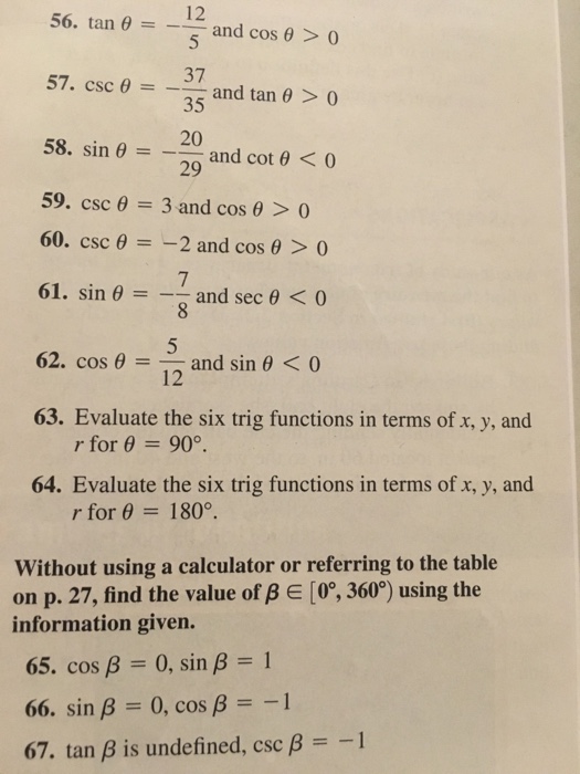 Solved 56. tan θ 12 and cos θ > 0 37 35 20 57. csc θ and tan | Chegg.com