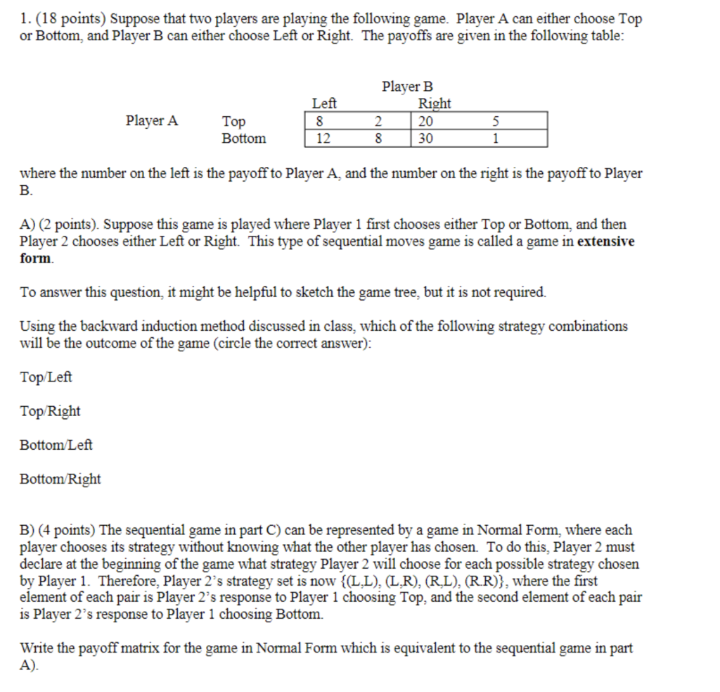Solved 1. (18 points) Suppose that two players are playing | Chegg.com