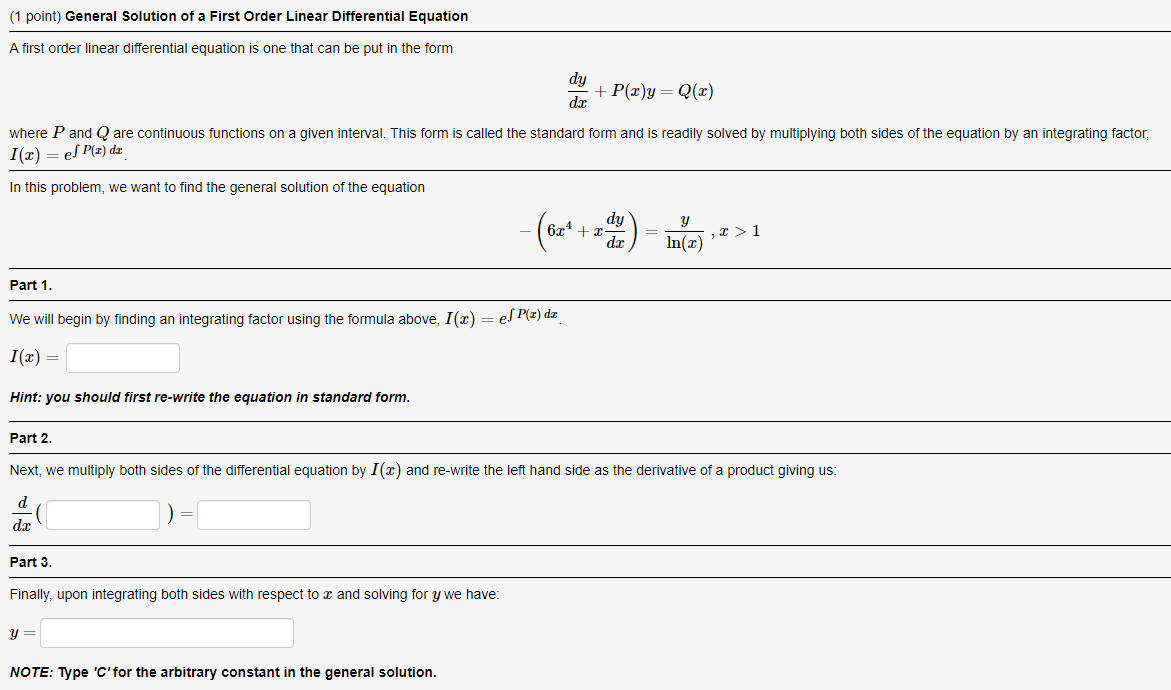 Solved (1 point) General Solution of a First Order Linear | Chegg.com