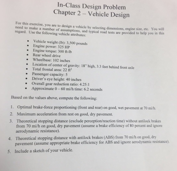 Solved In-Class Design Problem Chapter 2 Vehicle Design For | Chegg.com