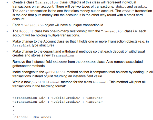 Solved Create a class Transaction class. Objects of this | Chegg.com