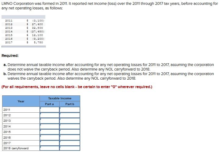 Solved LMNO Corporation was formed in 2011. It reported net | Chegg.com