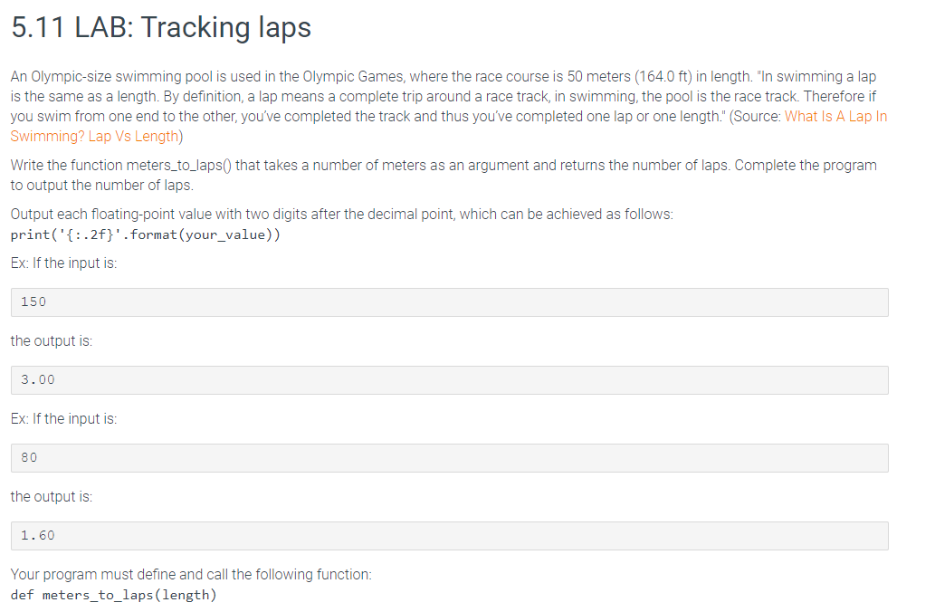 Solved 5.11 LAB: Tracking laps An Olympic-size swimming pool | Chegg.com