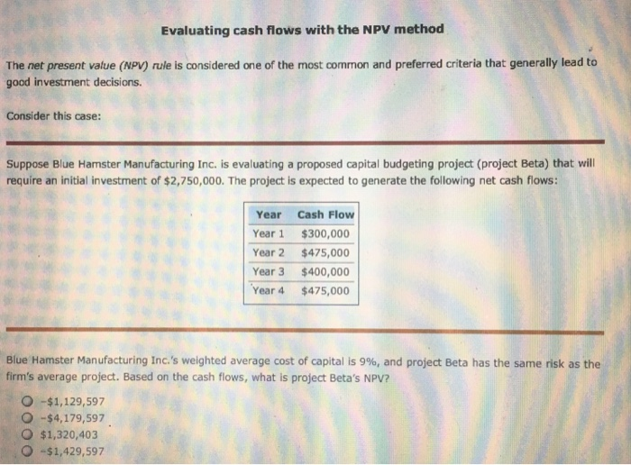 Solved Evaluating cash flows with the NPV method The net | Chegg.com