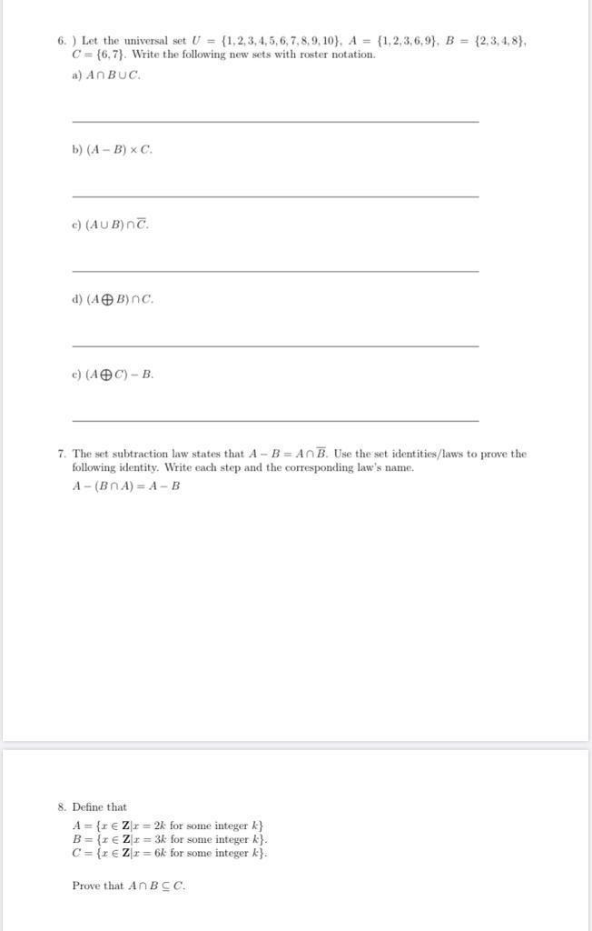 Solved 6.) Let the universal set U = {1,2,3,4,5,6,7,8,9,10), | Chegg.com