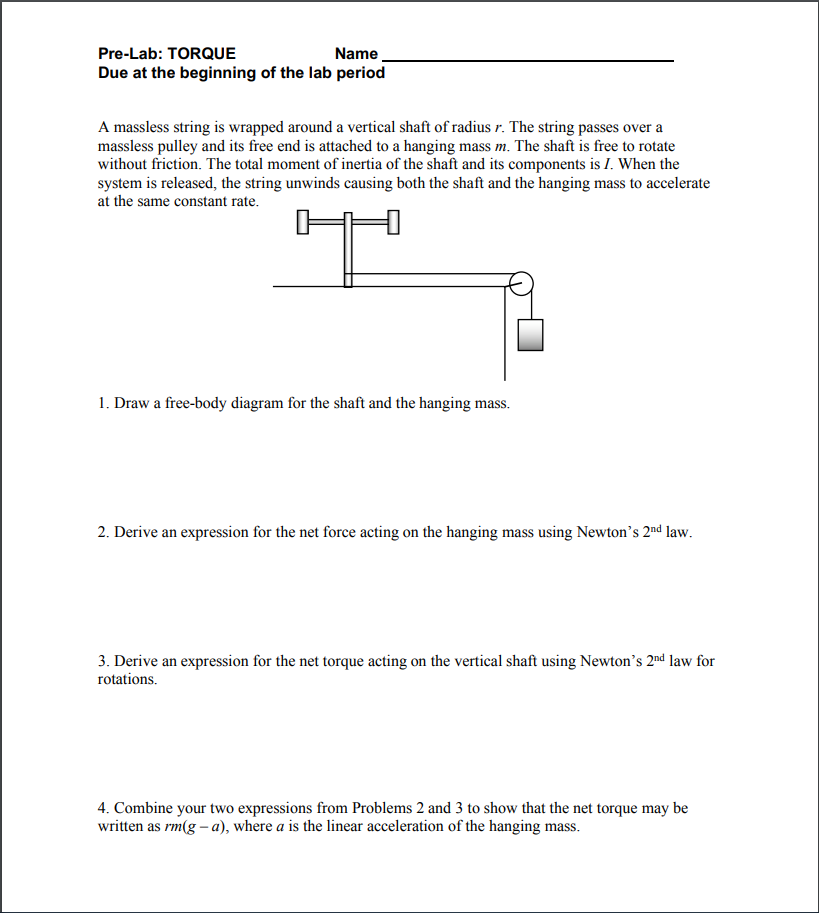 Solved Pre-Lab: TORQUE Name Due at the beginning of the lab | Chegg.com