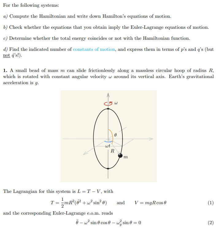 Solved For the following systems: a) Compute the Hamiltonian | Chegg.com