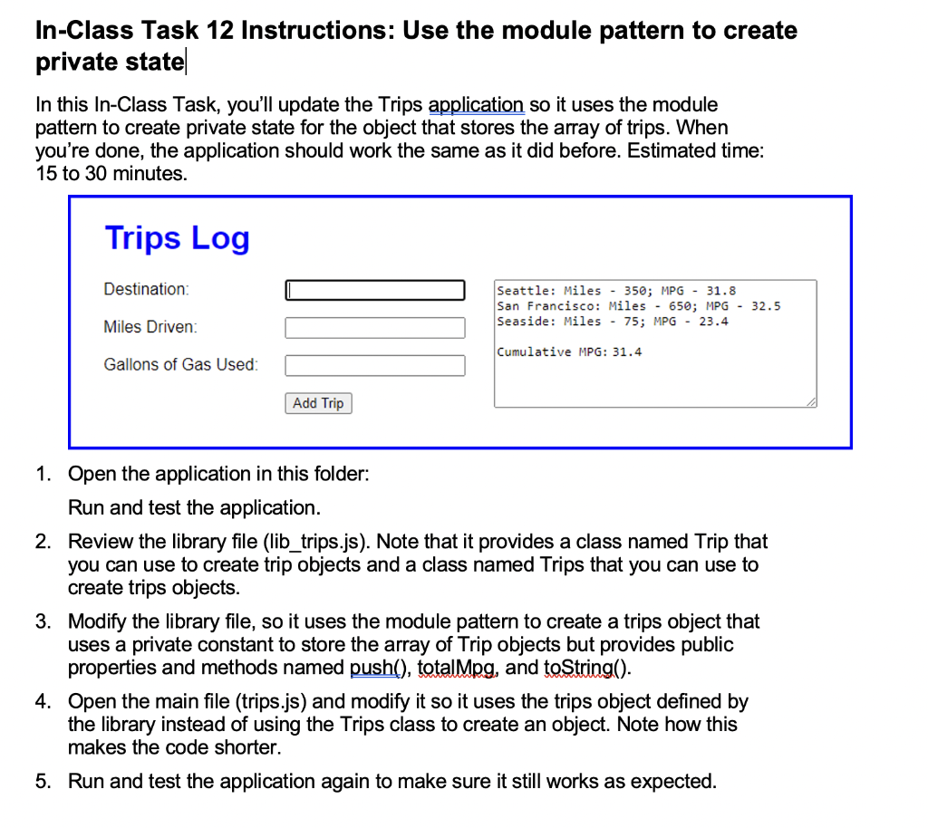 In-Class Task 12 Instructions: Use the module pattern | Chegg.com
