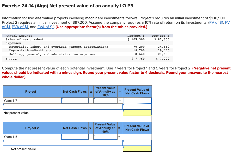 Solved Exercise 24-14 (Algo) Net present value of an annuity | Chegg.com