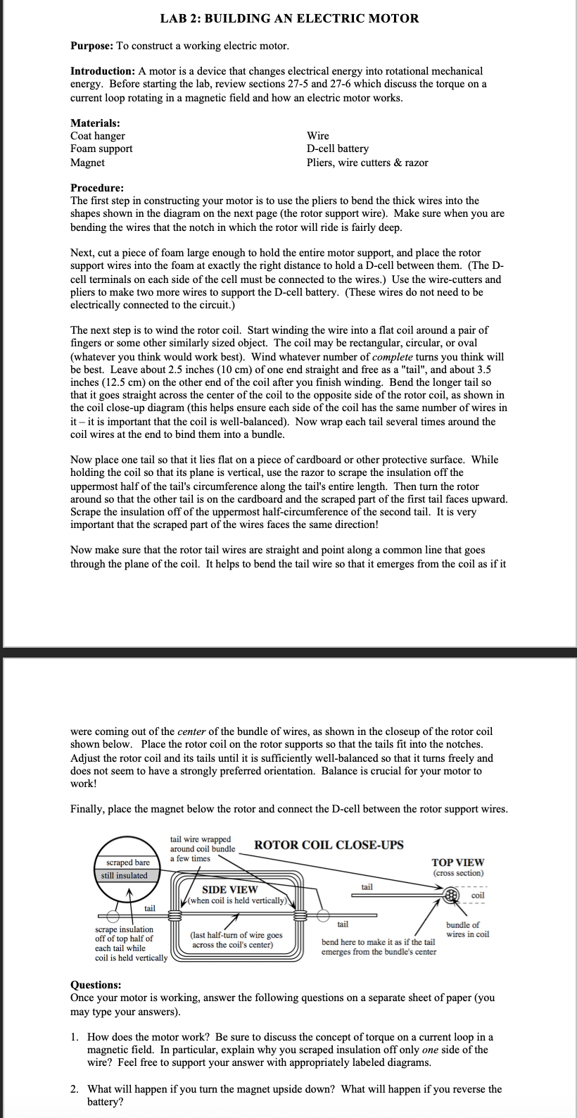 Solved LAB 2: BUILDING AN ELECTRIC MOTOR Purpose: To | Chegg.com